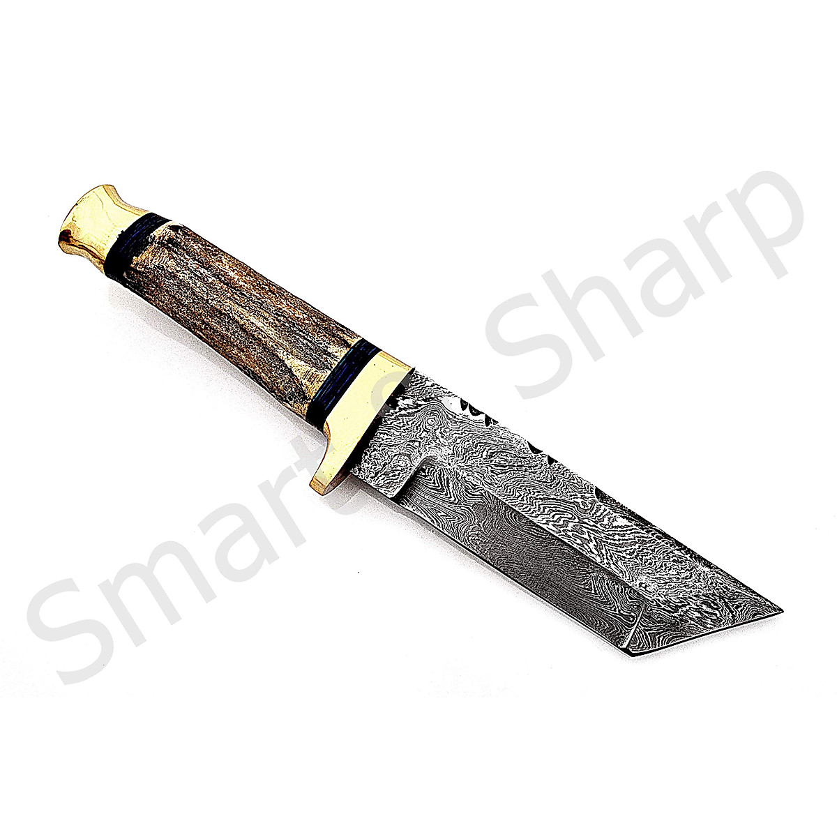 Smart & Sharp Custom Handmade Damascus Steel Hunting Knife/Tanto Knife/Skinning Knife AA-17255, 17256, 17257, 17258 and 17259 (Antique Stag and Blue Wood)