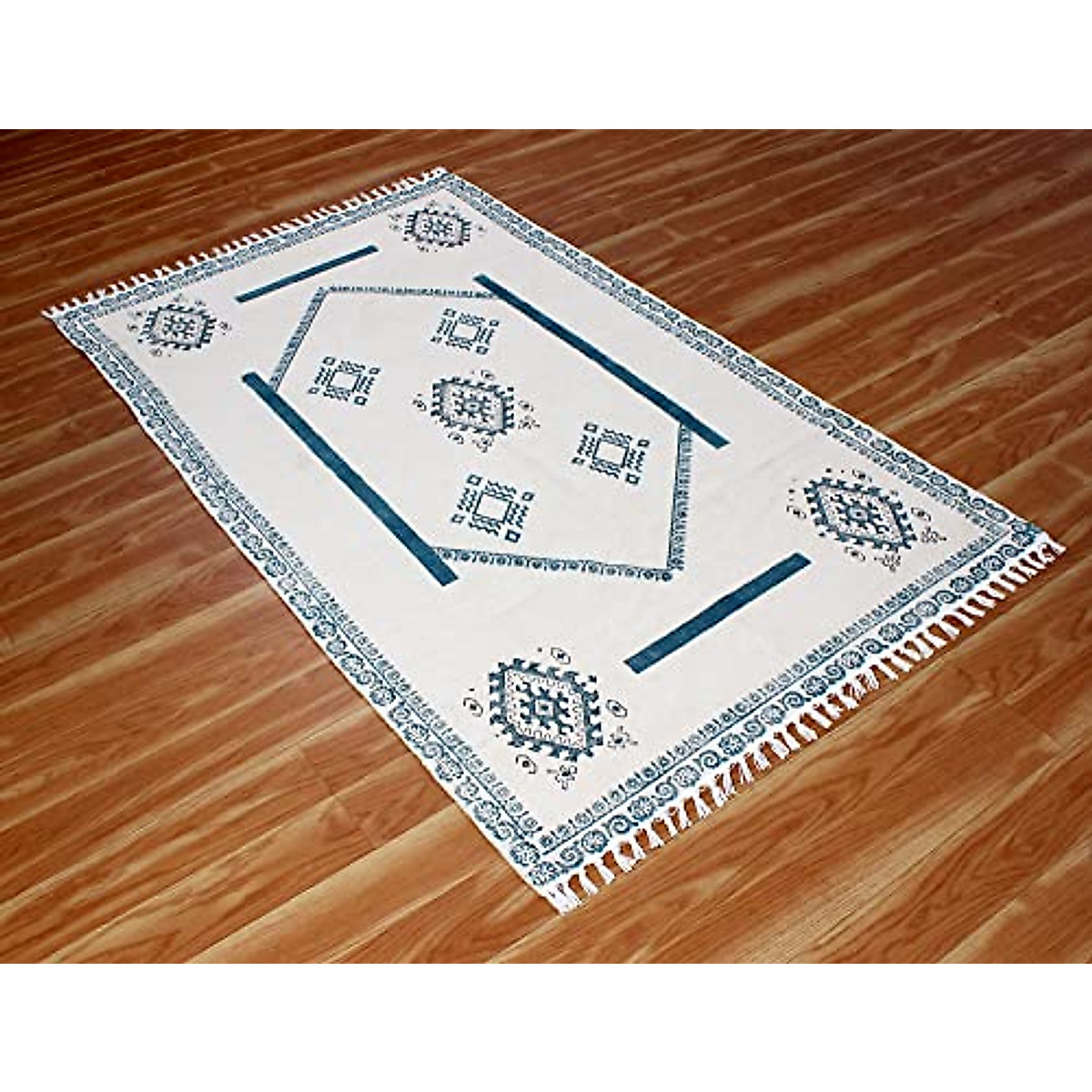 Casavani Hand Block Printed Cotton Dhurrie Geometric Tassel Rug Boho Area Rug Easy Care Washable Rugs for Doormat Entryway Living Room Bedroom Hallway Balcony 12x15 Feet
