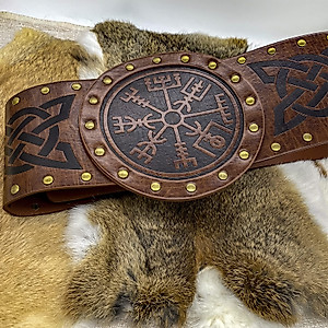 HiiFeuer Viking Embossed Wide Belt, Nordic Faux Leather Armor Belt Knight Corset Belt, LARP Halloween Costume (Brown A)