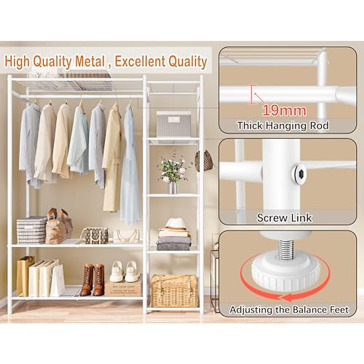 Wardrobe Closet,Portable Clothes Rack with 4 Tiers Shelves,Freestanding Closet Organizers and Storage System with Hanging Rods,Steel Clothing Rack Suitable for Cloakrooms,Bedrooms,Entrances,etc.White