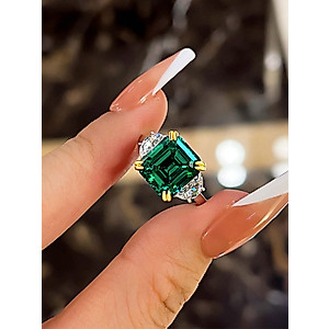 Effinny 4.5ct Women's Two-Tone Emerald Engagement Ring,Asscher Cut Green Paraiba Tourmaline Three Stone Promise Ring in 925 Sterling Silver(Size:4.5)