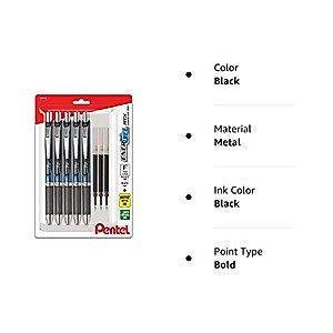 Pentel Energel Deluxe RTX 0.5 mm Needle Tip Pens - Retractable Liquid Gel Pen Set - Pack of 5 Black Pens with 3 Refills
