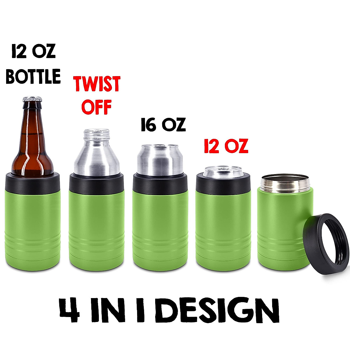 Clear Water Home Goods - 12 oz Stainless Steel Double Wall Vacuum Insulated Can or Bottle Beverage Cooler - Powder Coated Olive Drab Green - 6 Pack