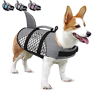SUNFURA Dog Shark Life Jacket, Ripstop Dog Life Vest Puppy Floats for Swimming Pool with Rescue Handle & Superior Buoyancy, Small Medium Dog Life Jackets Pet Life Preserver for Boating (Silver,L)