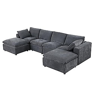 U-Shaped Chenille Upholstered Modular Sectional Sofa Oversized Deep Seat Reversible Chaises Cloud Couch Convertible Living Room Sleeper Sofabed with Movable Ottomans for Home, Apartment
