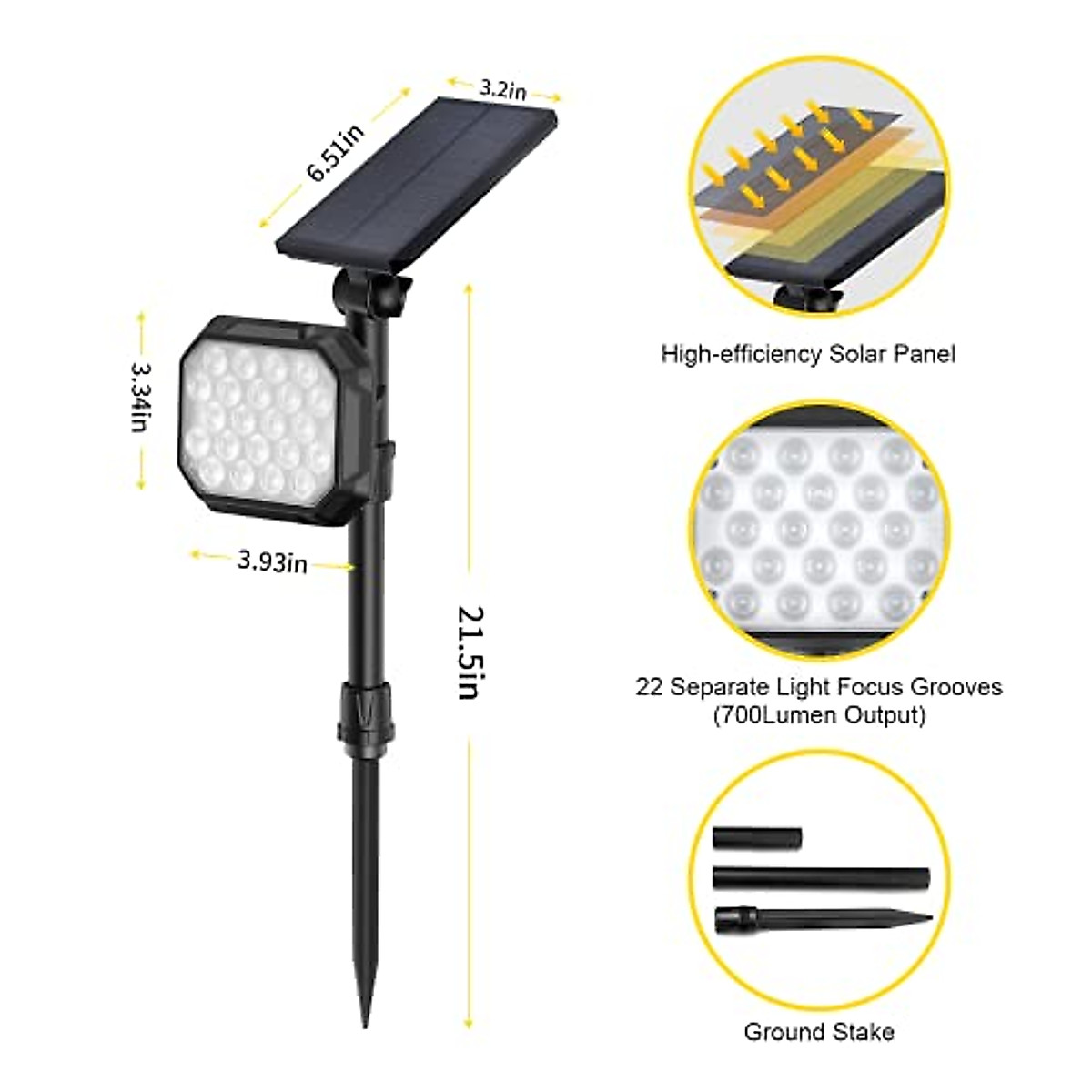 ROSHWEY Solar Lights Outdoor, 22 LED 700 Lumens Bright Solar Powered Flood Lights Waterproof Spotlight Outside Lights for Garden, Driveway, Pathway, Walkway - Cool White, 2 Pack