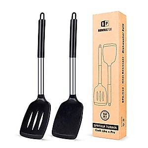 Pack of 2 Silicone Solid Turner ,Non Stick Slotted Kitchen Spatulas ,High Heat Resistant BPA Free Cooking Utensils ,Ideal Cookware for Fish ,Eggs ,Pancakes (Black)