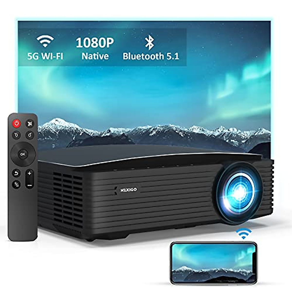 NexiGo PJ20 Outdoor Projector, 350 ANSI Lumens, Movie Projector with WiFi and Bluetooth, Native 1080P, Dolby_Audio Sound Support, Compatible w/TV Stick,iOS,Android,Laptop,Console