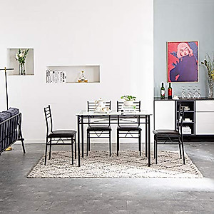 SSLine 5-Piece Glass Dining Table Set with 4 Chairs Small Space Kitchen Table Modern Simple Dining Room Dinette Sets w/1 Tempered Glass Top/Metal Frame Table and 4 Leather Cushion Seat Dining Chairs