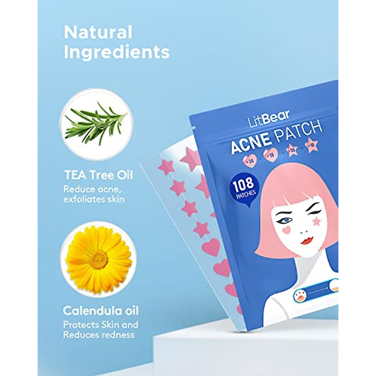 LitBear Acne Patch Pimple Patch, Pink Heart & Star Shaped Acne Absorbing Cover Patch, Hydrocolloid Acne Patches For Face Zit Patch Acne Dots, Tea Tree Oil + Centella (108 Count (Pack of 1))