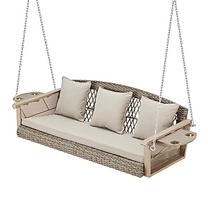 HOMREST 3-Person Wicker Porch Swing with Upgraded Cup Holder, 55 Inch Patio Hanging Swing Bench Chair with Cushions 900lbs Capacity Chains for Deck Garden Backyard (Beige)