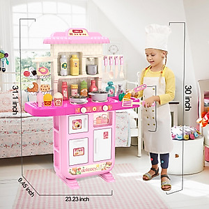 Play Kitchen Girls Toy Pretend Food - Kitchen Toys for Kids Ages 4-8, Kitchen Set for Toddlers 1-3, Play Kitchen Accessories w/Real Sounds Light, for Girls Boys Age 2 3 4 5 6 7