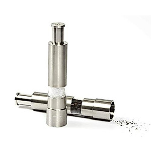 Grind Gourmet Salt and Pepper Grinder Set, Original Pump & Grind Peppermill are Refillable, Modern Thumb Press Grinder, Comes with Black Pepper, Sea Salt and Stand, Works With Himalayan Salts