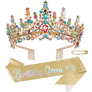 Chanaco Birthday Tiara Birthday Sash for Women Birthday Queen Sash Birthday Crowns for Women Gold Tiaras Happy Birthday Decorations Princess Rhinestone Headband Birthday Party Suppliers Gifts