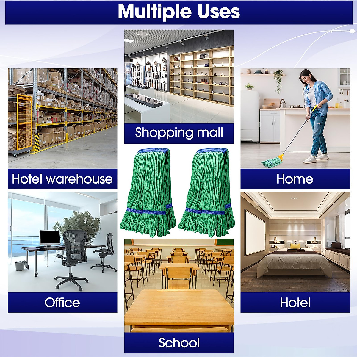 6 Pack Heavy Loop End Cotton String Mop Head Heavy Duty Mop Head Commercial Refills Mop Head Replacement for Home Industrial Commercial Cleaning (Green, Blue)