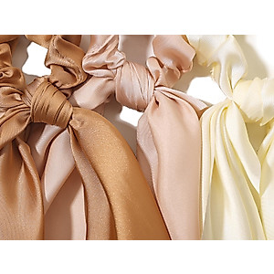 LFOUVRE 3PCS Hair Scarf Scruncheis for Women Knotted Bow Hair Ties Elastic Bands Satin Hair Ribbon Scrunchy Red Ponytail Holder for Women and Girls (Camel Apricot Ivory)