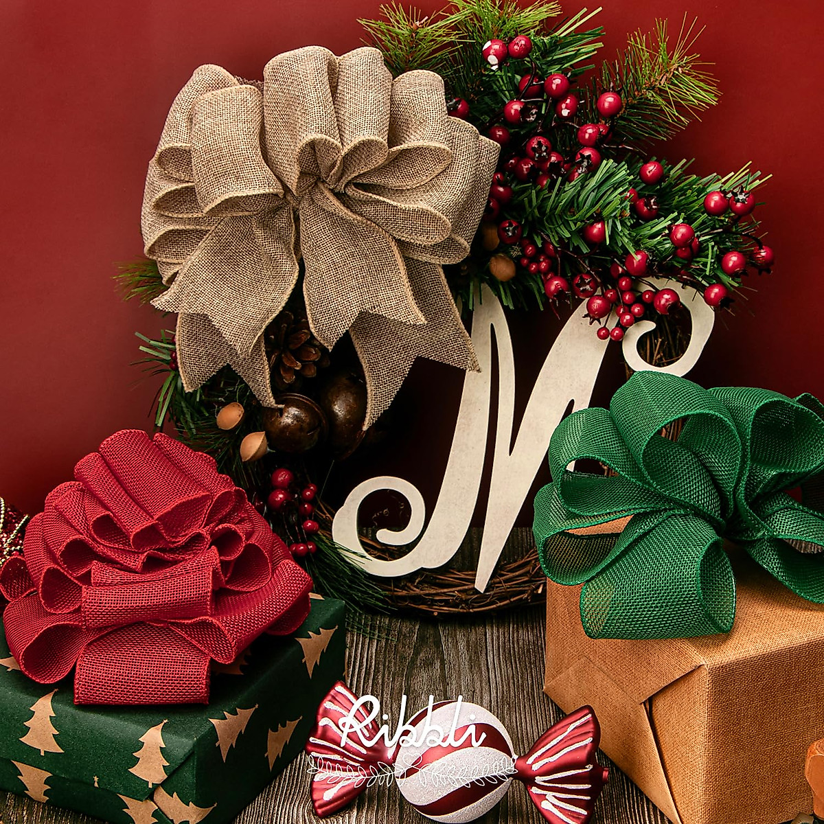 Ribbli Burlap Wired Ribbon,2-1/2 Inch x 10 Yard,Natural,Solid Wired Edge Ribbon for Big Bow,Wreath,Tree Decoration,Outdoor Decoration