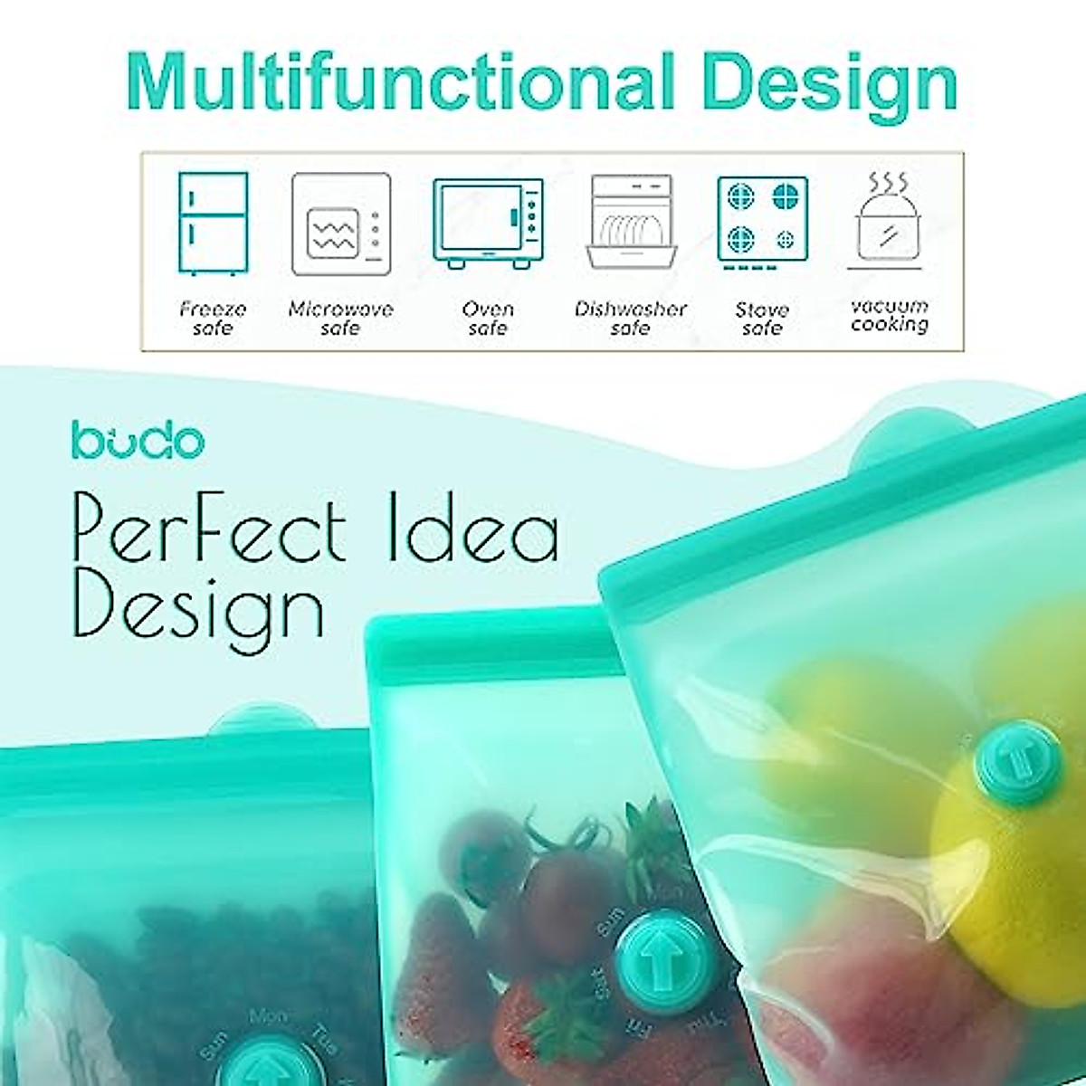 Silicone Reusable Storage Bag, BUDO Bundle 3-Pack (Aqua) with Time Mark, BPA Free Food Grade Meal Prep Storage Container for Lunch Travel Makeup Gym Bag Freezer Oven Microwave Dishwasher Safe