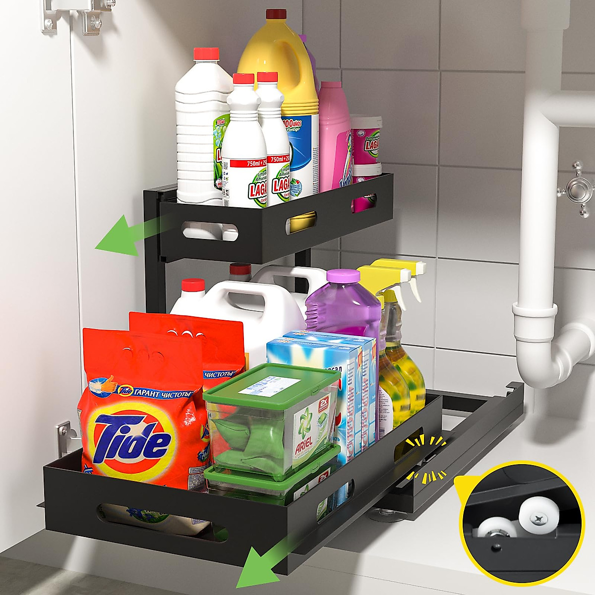 Slow Slog Under Sink Organizers and Storage, 2-Tier Sliding Under Sink Organizer, Under Cabinet Storage, Multi-Purpose Slide Out Sink Shelf, Under the Sink Organizer for Bathroom, Kitchen (Black)