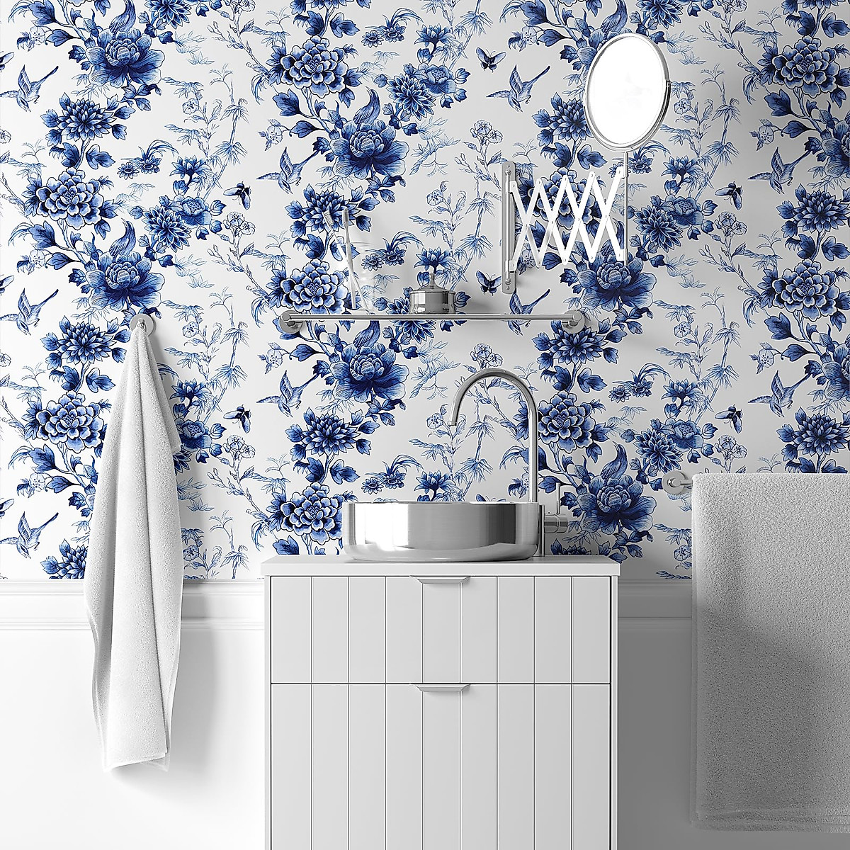 RUSPEPA Peel and Stick Wallpaper - Blue Flower White Design Self Adhesive Removable Wallpaper Decorative Waterproof Contact Paper for Cabinets, Walls - 17.3 Inch x 6.5 Feet