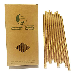 100Pack Gold Foil Paper Straws, Disposable Metallic Gold Drinking Straw Biodegradable Cocktail Straws for Birthday, Wedding, Party Supplies, 6*197 mm