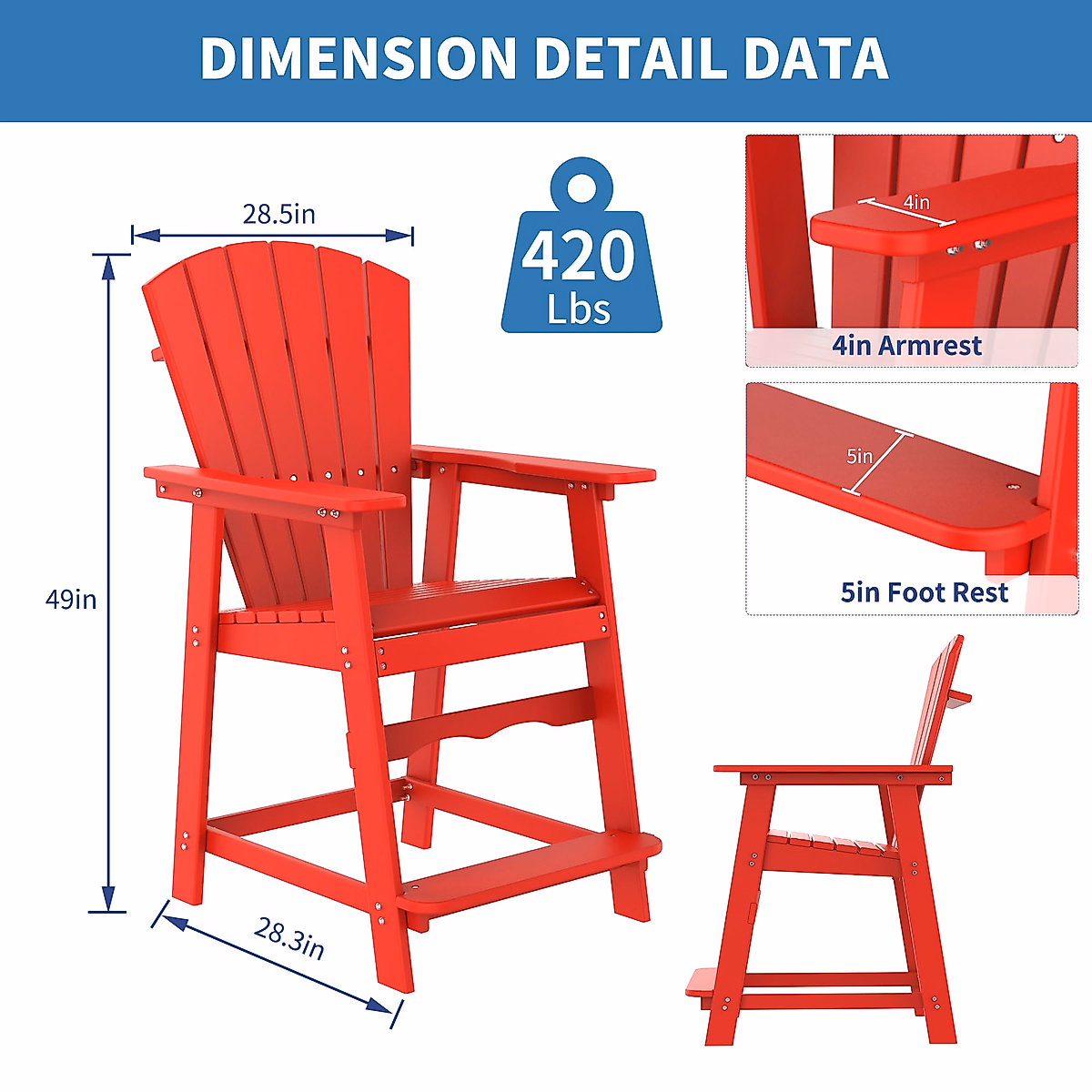 VSMKSJ Red Tall Adirondack Chair Outdoor Patio Chair and Weather Resistant Adirondack Balcony Chair for Porch,Garden,Backyard,Balcony (1 Chair)