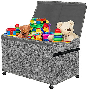 VERONLY Large Kids Toy Box Storage Chest with 360°Wheels,Toy box with Lid for Boys, Girls,Collapsible Sturdy Toy Storage Bins Containers for Stuffed Animals, Clothes, Bedroom, Nursery, Playroom -Gray