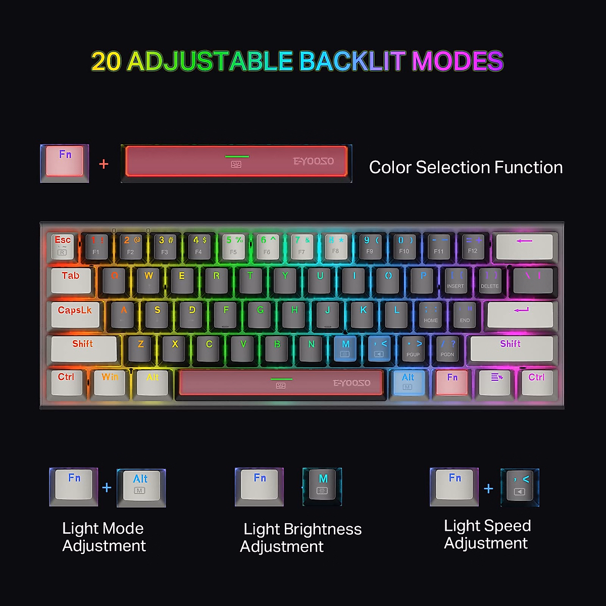 E-YOOSO 60% Wired Mechanical Gaming Keyboard, RGB Backlit Ultra-Compact 61 Keys Hot Swappable Mini Waterproof Wired Office Keyboard with Blue Switches for Windows, Mac OS Gamers (Black Grey)
