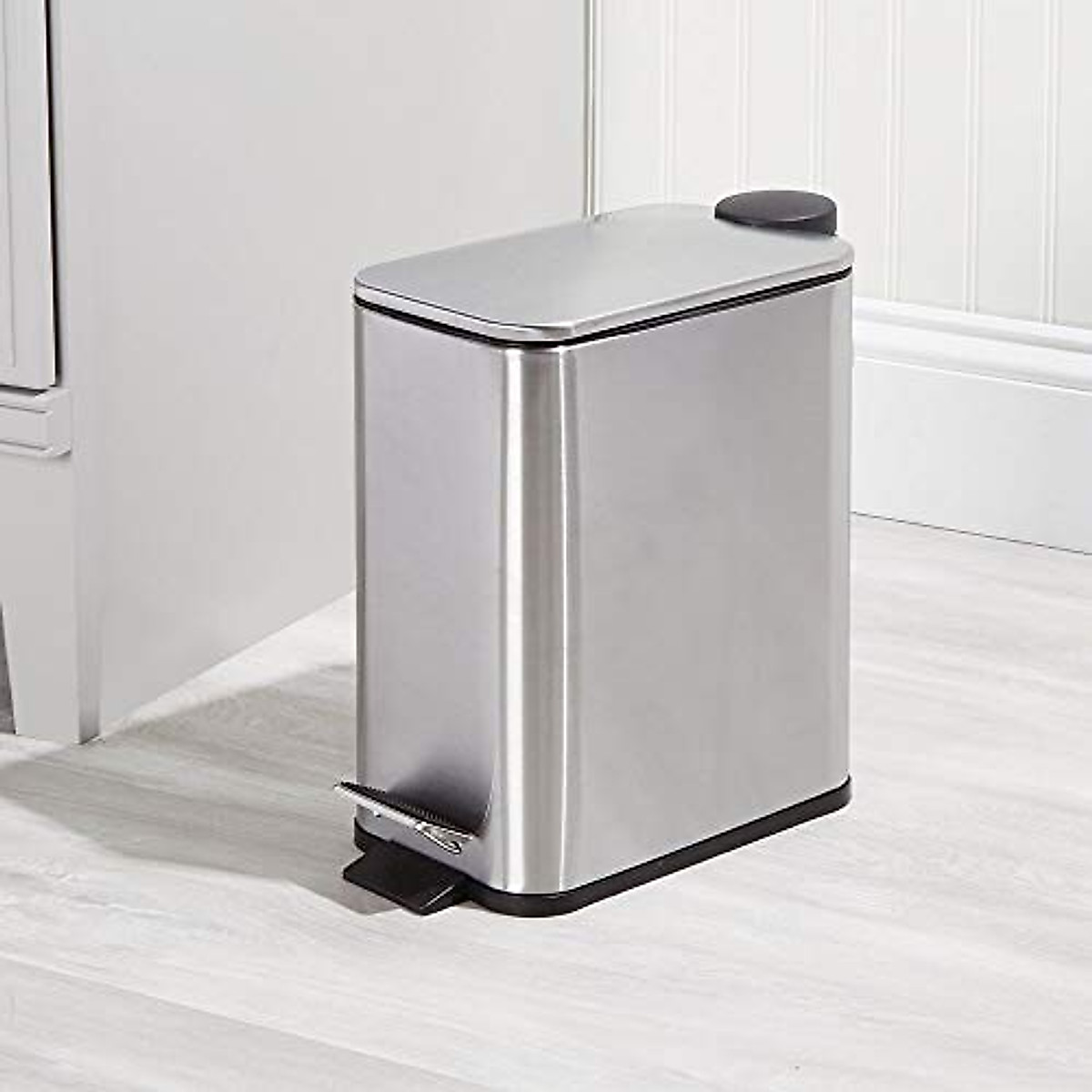 mDesign Slim Metal Rectangle 1.3 Gallon/5 Liter Trash Can with Step Pedal, Easy-Close Lid, Removable Liner - Narrow Wastebasket Garbage Container Bin for Bathroom, Bedroom - Brushed Stainless Steel