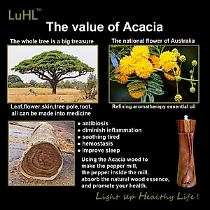 LuHL™ 8 inch Small pretty waist Acacia wooden pepper or salt mill, manual spice grinder