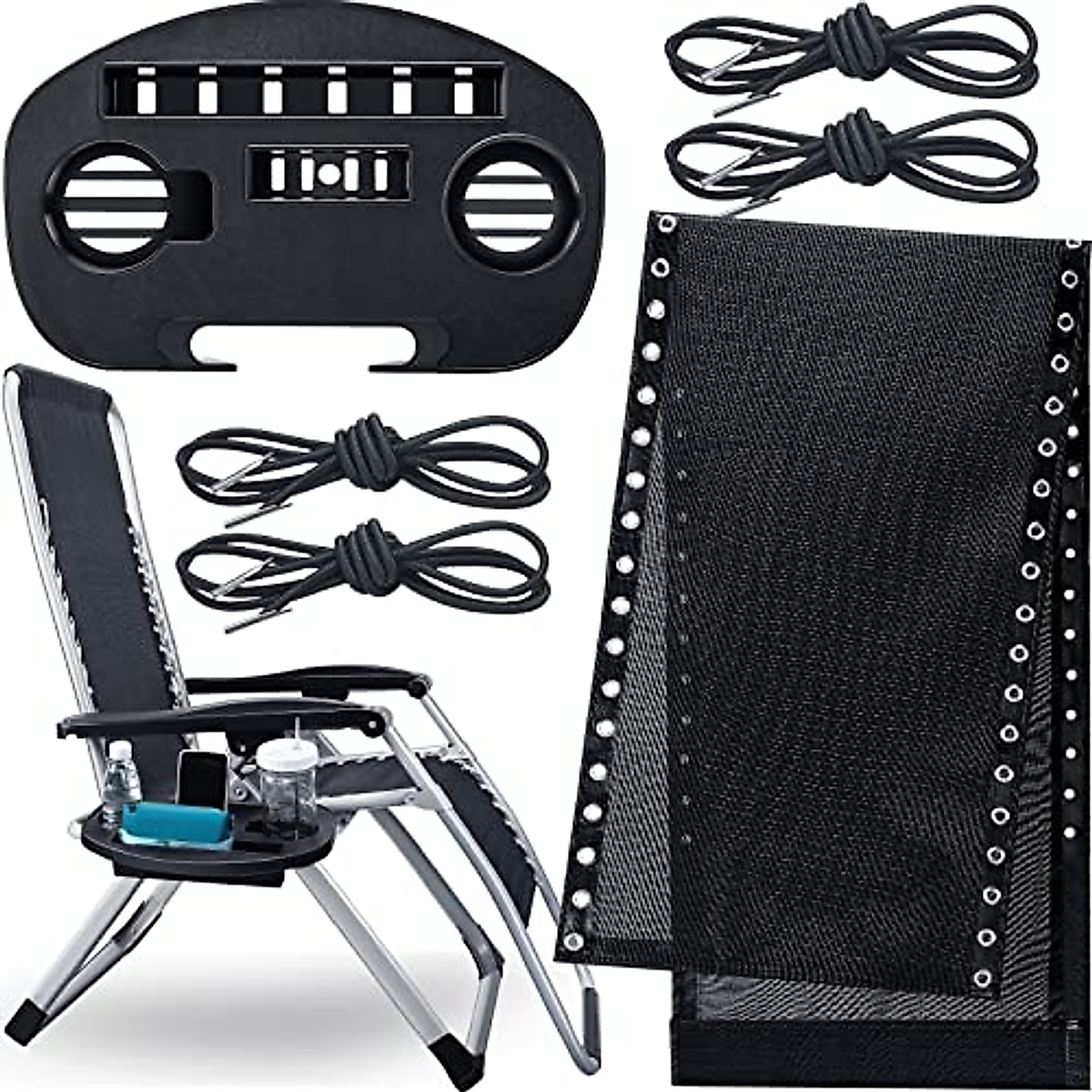 6 Pieces Gravity Chair Set, Gravity Chair Fabric, Gravity Chair Tray, Replacement Bungee Cord Trays for Carrying Cellphone, Snack, Water, Black Recliner Mesh Canvas Elastic Bungee Cord