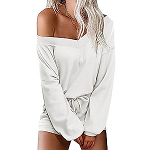 Ekouaer Womens Pajama Sets Waffle Knit Long Sleeve V Neck Off Shoulder Top and Shorts Lounge Pajama Set For Women Soft Comfy Waffle Knit Pj Sets B-black,Large