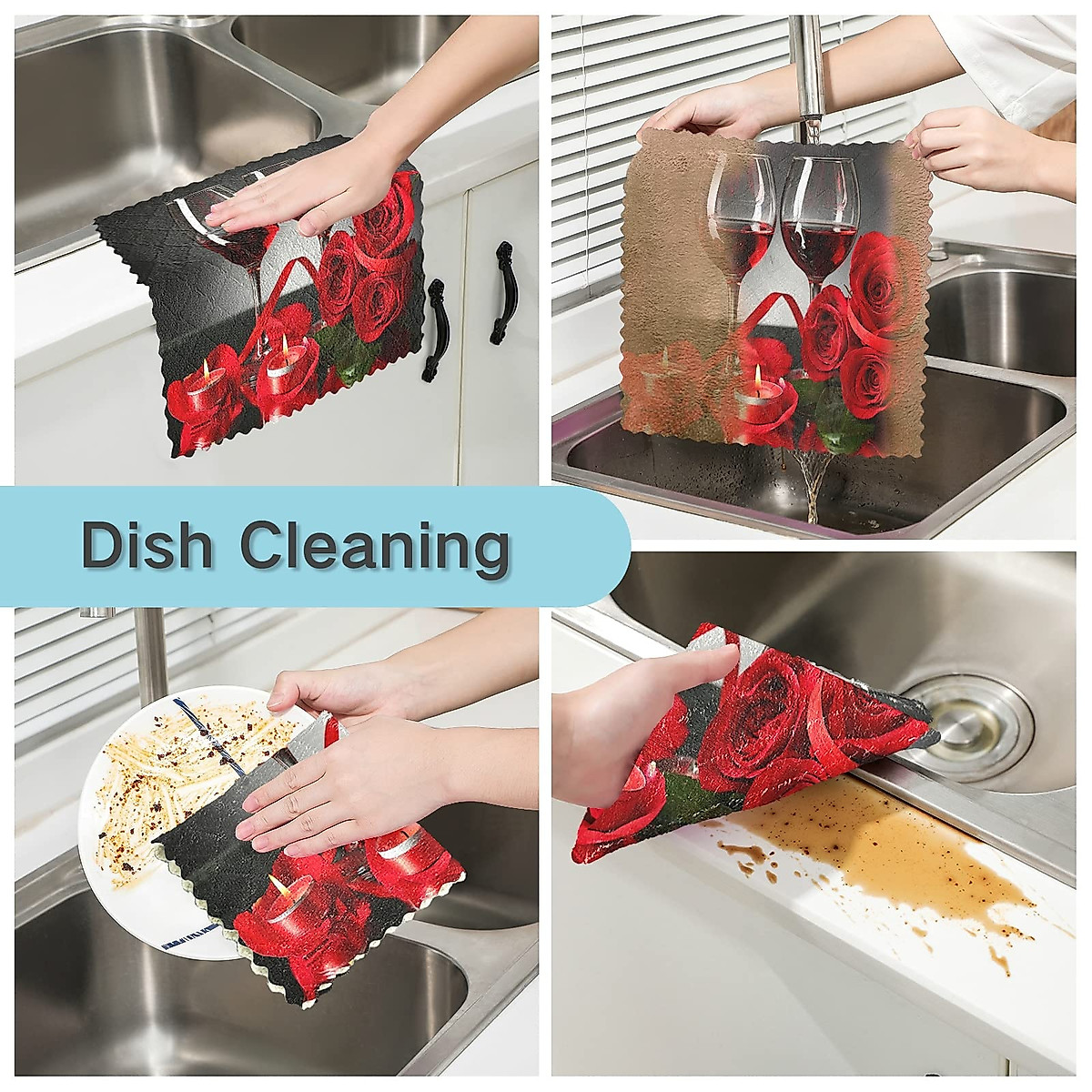 linqin Red Wine Rose Kitchen Towels Dishcloths, Pack of 6, Soft Reusable Absorbent Dish Towels Sets Cleaning Towels for Cleaning Dishes, Counters, Kitchen, Bathroom