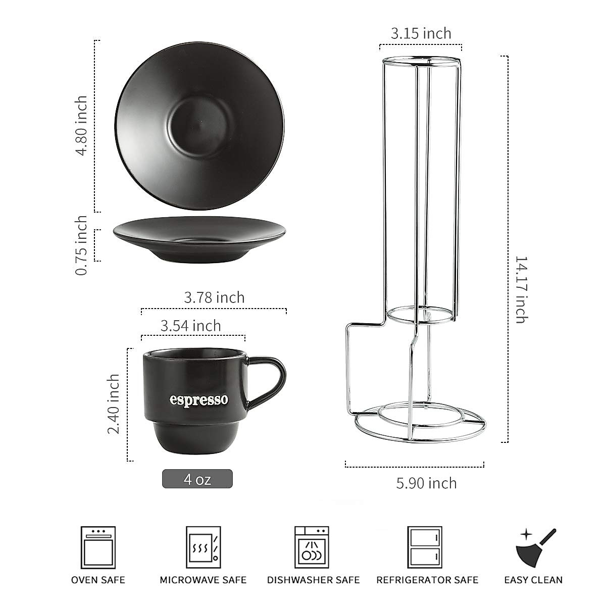 Espresso Cups with Saucers Set, Porcelain Coffee Cups Set with Metal Stand 4 OZ Stackable Demitasse Cups for Latte, Cafe, Mocha and Cappuccino, Tea Cup Set of 6, Thanksgiving Gifts, Black