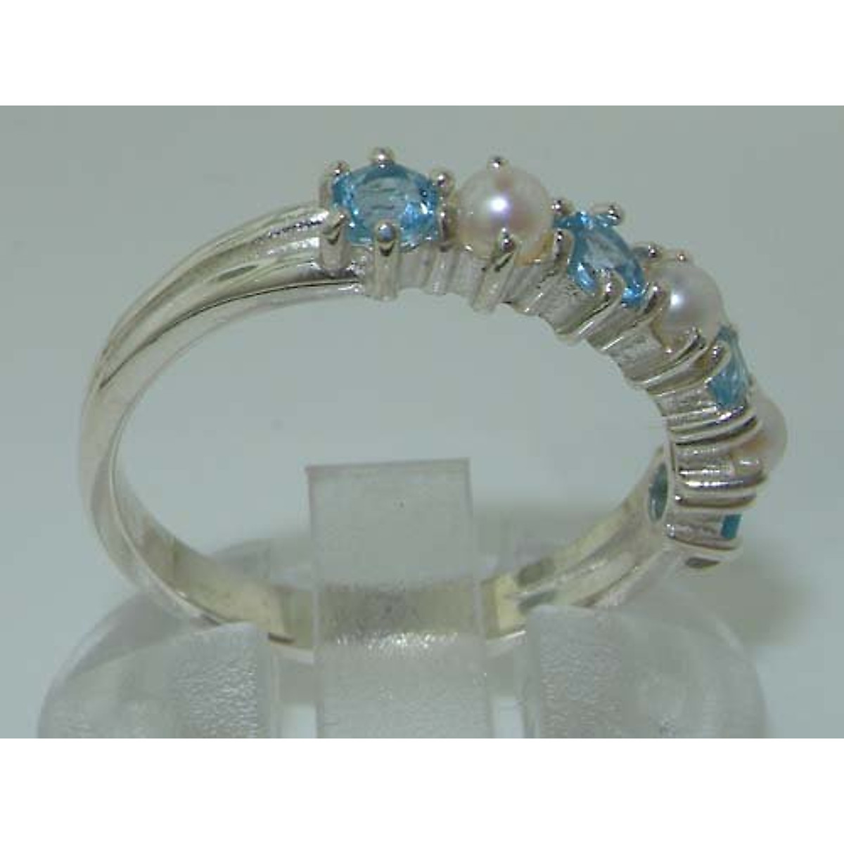 LetsBuyGold 925 Sterling Silver Cultured Pearl & Blue Topaz Womans Eternity Band Ring - Size 10