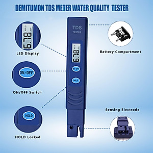 DEMITUMON TDS Meter Digital Water Test,Electronic Water Test with 0-9999 PPM Measurement Range for Household Drinking Aquariums,Pools,Hydroponic,Hand Held,Quick Read,Blue