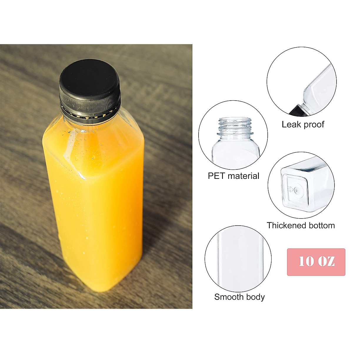 10 OZ Plastic Juice Bottles, Reusable Bulk Beverage Containers, for Juice, Milk and Other Beverages, 4 Pcs.
