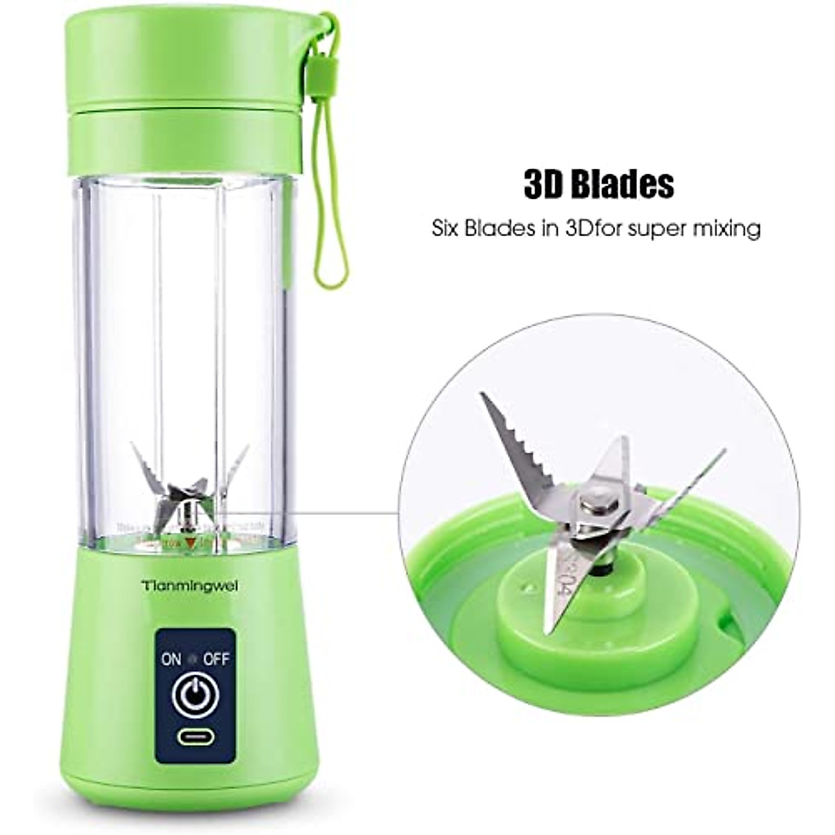 Tianmingwei Portable Blender Personal 6 Blades Juicer Cup Household Fruit Mixer with Magnetic Secure Switch USB Charger Cable 400ml (Green)