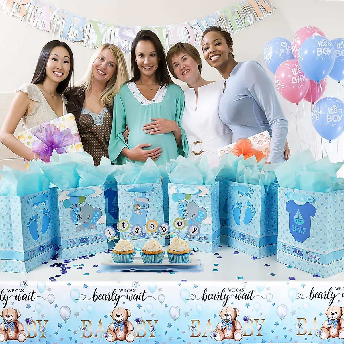 Dragonfy 16 PCS Baby Shower Bags for Boys - Medium Paper Gift Bags with Gift Wrapping Paper, Baby Shower Party Favors for Guests Baby Birthday Treat Bags(It’s a Boy!), blue