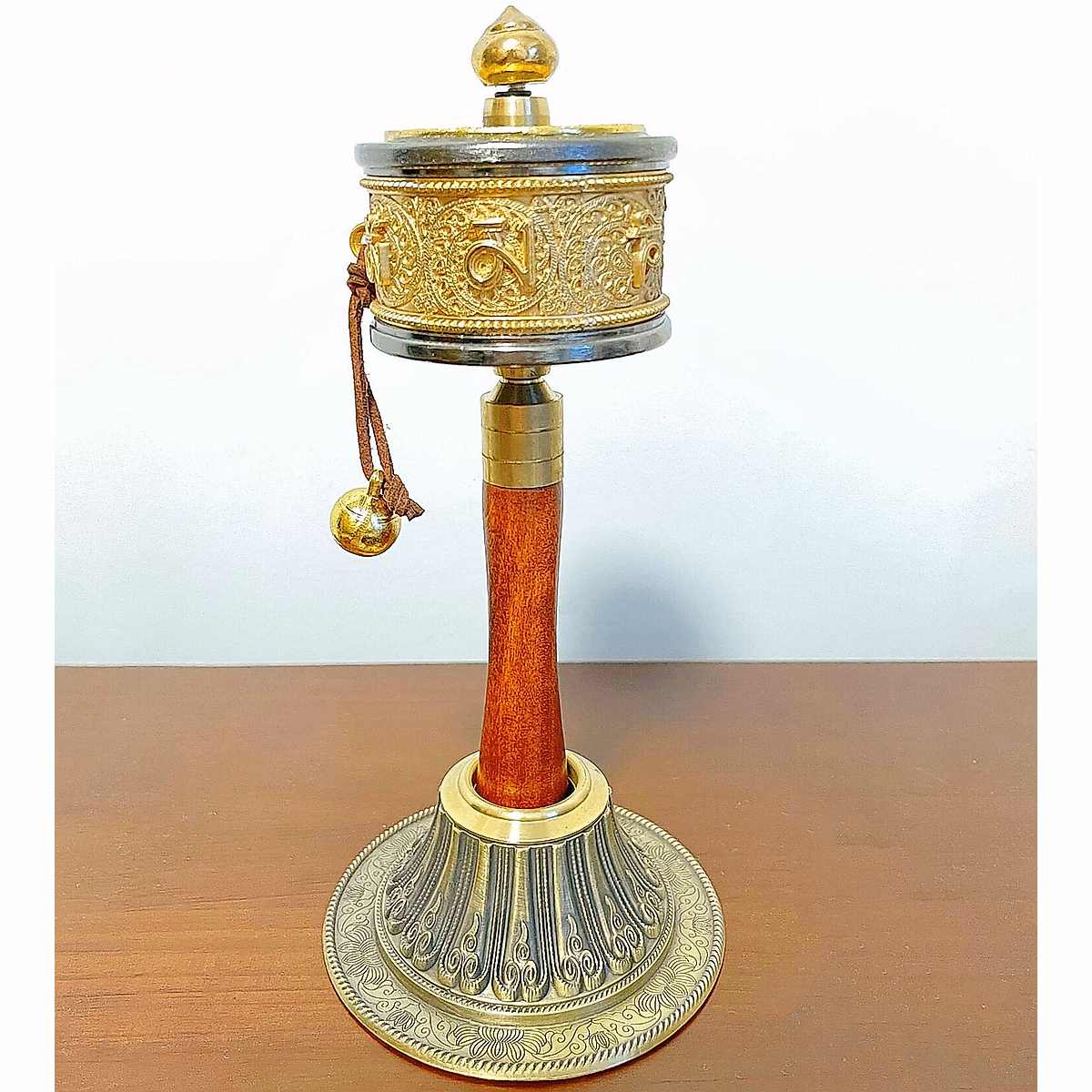 Copper Tibet Prayer Wheel Holder with Mandala Pattern, Hand Held Prayer Wheel Display Stand for Praying, blessing, Meditation, Healing, Relaxing, Yoga (Prayer Wheel Not Included)
