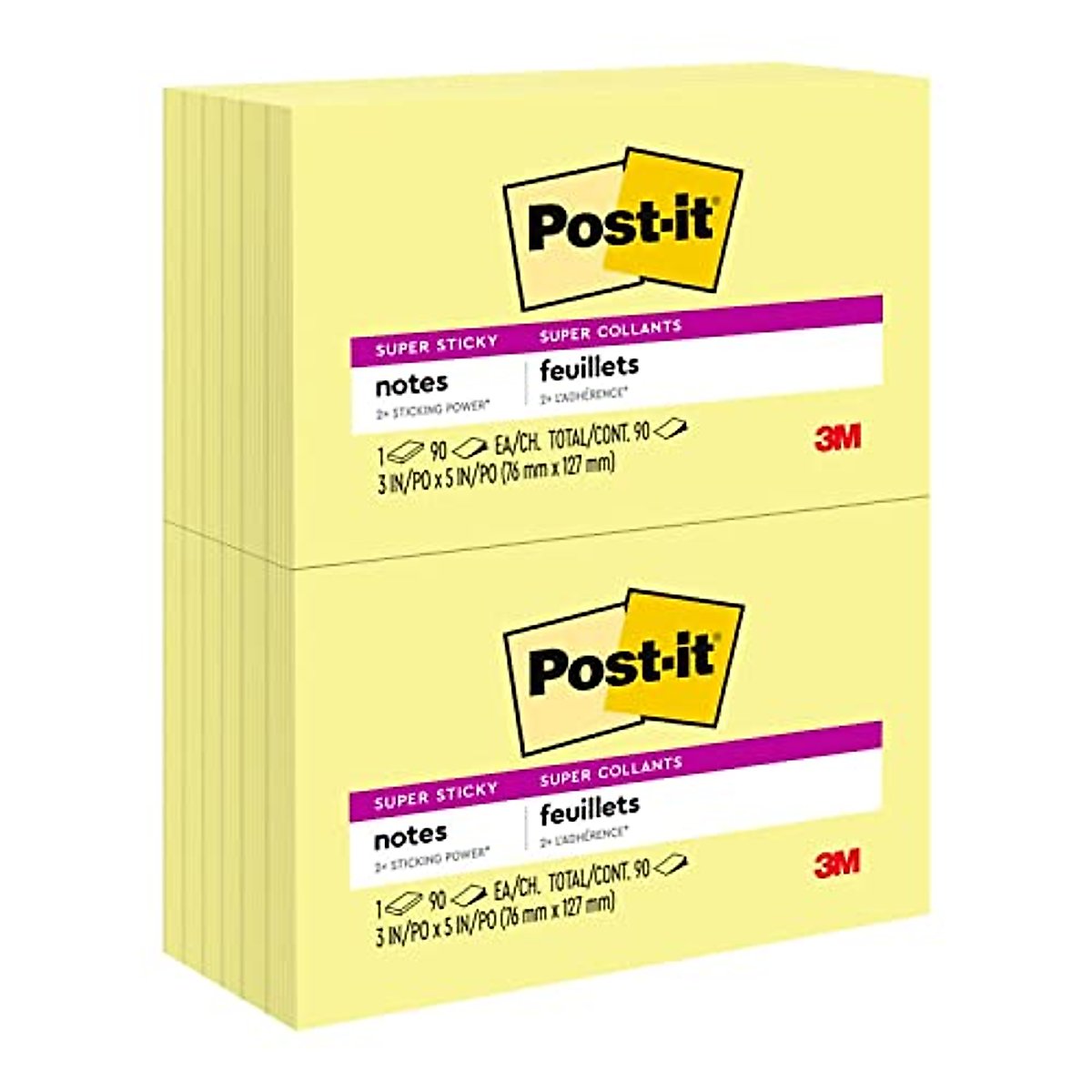 Post-it Super Sticky Notes, 3 in x 5 in, 12 Pads, 2x the Sticking Power, Canary Yellow, Recyclable (655-12SSCY)