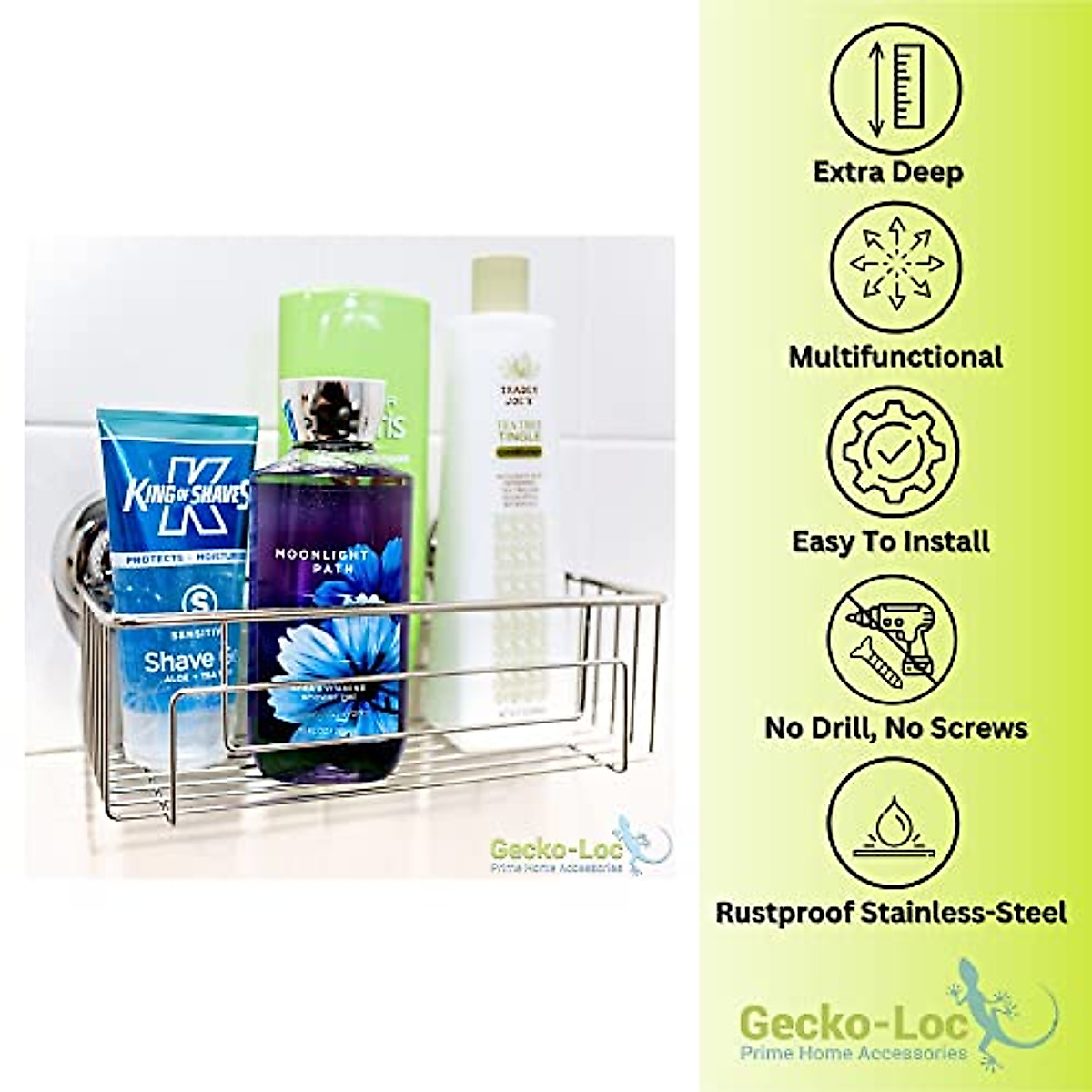 Gecko-Loc Large Deep Suction Cup Bathroom Shower Caddy Storage Basket Organizer – Silver