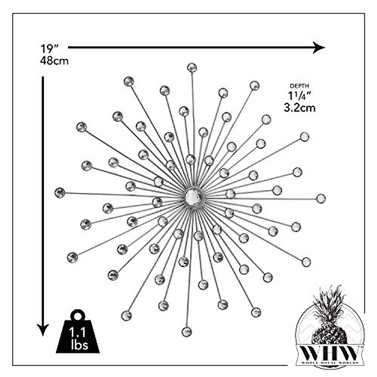 WHW Whole House Worlds Brilliant Burst Wall Decor, Silver Metal, Powder Coated Iron, Inset Acrylic Faux Diamonds, Integrated Keyhole Hanger, 19 Inches Diameter, 1.25 Deep, Height 1.1