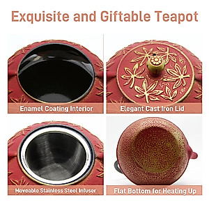 SECHUDO Cast Iron Teapot Tea Kettle with Stainless Steel Infuser for Stovetop Safe Coated with Enameled Interior Japanese Red Tetsubin with Maple Leaves Pattern(30.4oz/900ml)