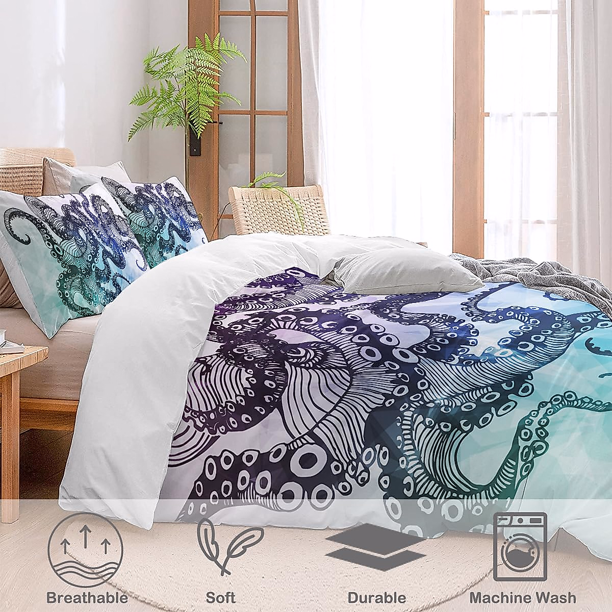 ARIGHTEX Octopus Bedding Purple Octopus Duvet Cover Set Queen for Boys Men Cute Beach Animal Comforter Cover Trippy Octopus and Octopus Feet Bed Set (Queen)