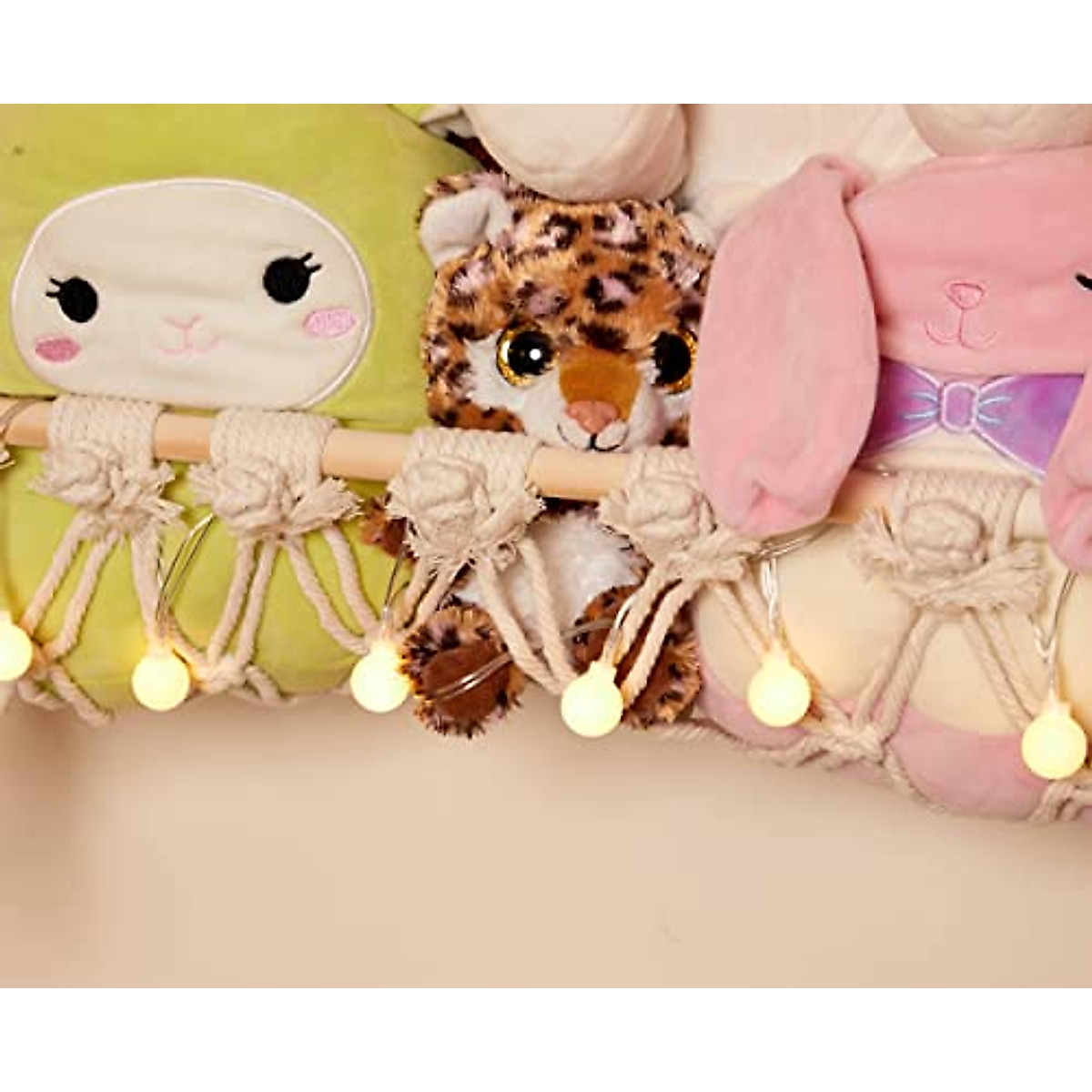 Lilly's Love Stuffed Animal Macrame Hammock Display Swing w/String Lights | Large Boho Style Rope Net Holder for Kids Toys | Hanging Corner Nursery Storage Organizer for Your Plushie Pets (White)