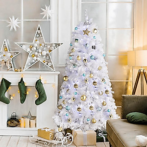 6ft Premium White Prelit Artificial Christmas Tree,Artificial Xmas Decoration Tree,Artificial Spruce Hinged Christmas Tree,Pre-Lit Artificial Xmas Tree,with Lights,for Home Office Party Decorations