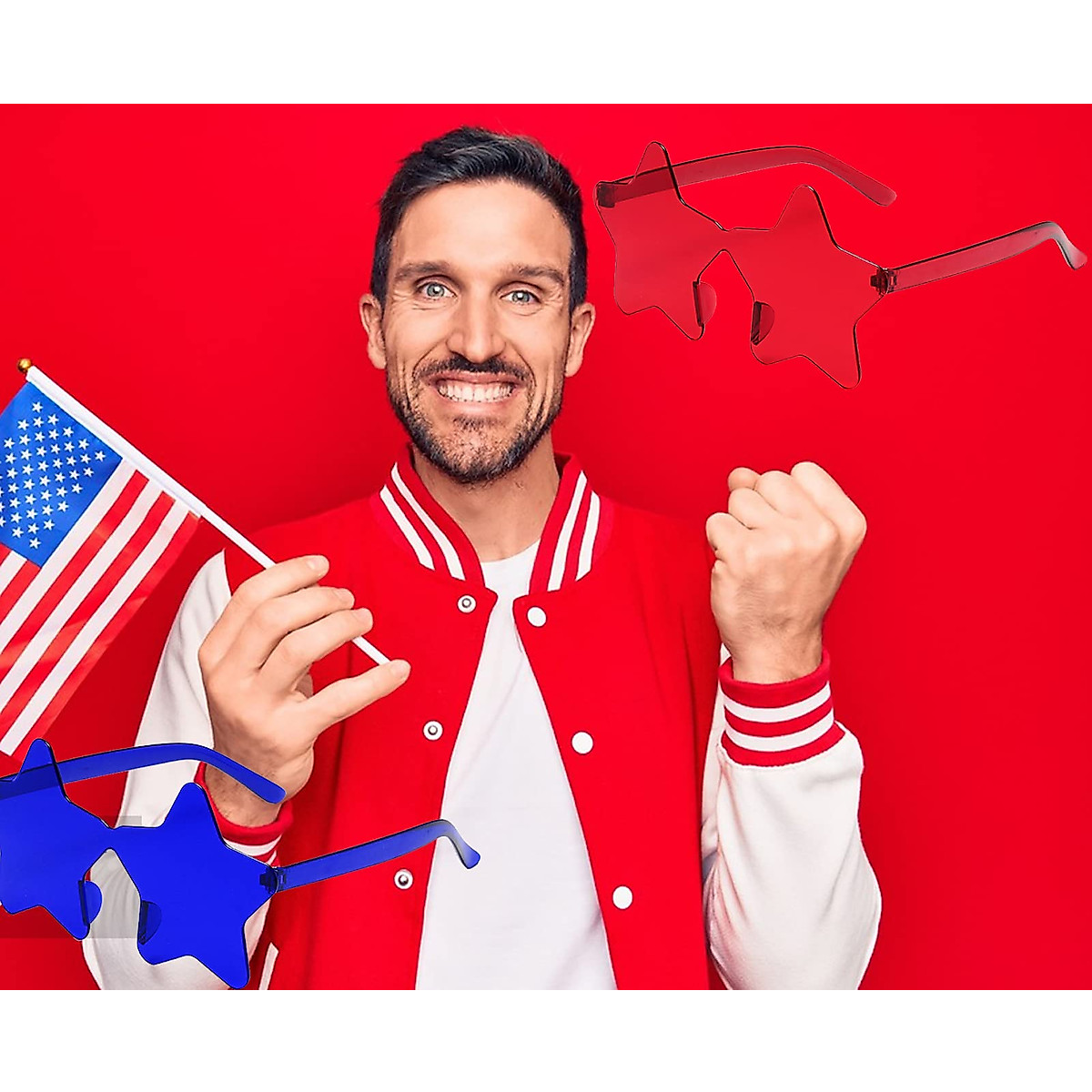 QXBXYHM 6 Pcs Independence Day Star Shaped Rimless Sunglasses Transparent Pentagram Glasses 4th of July Red White Blue Disco Glasses