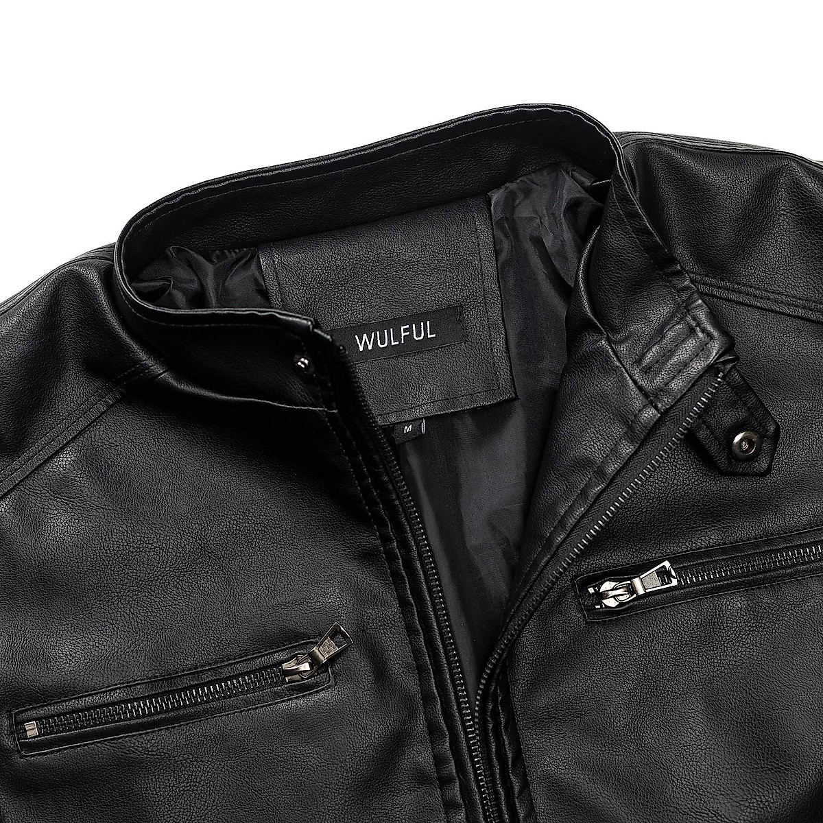 WULFUL Men's Stand Collar Leather Jacket Motorcycle Lightweight Faux Leather Outwear