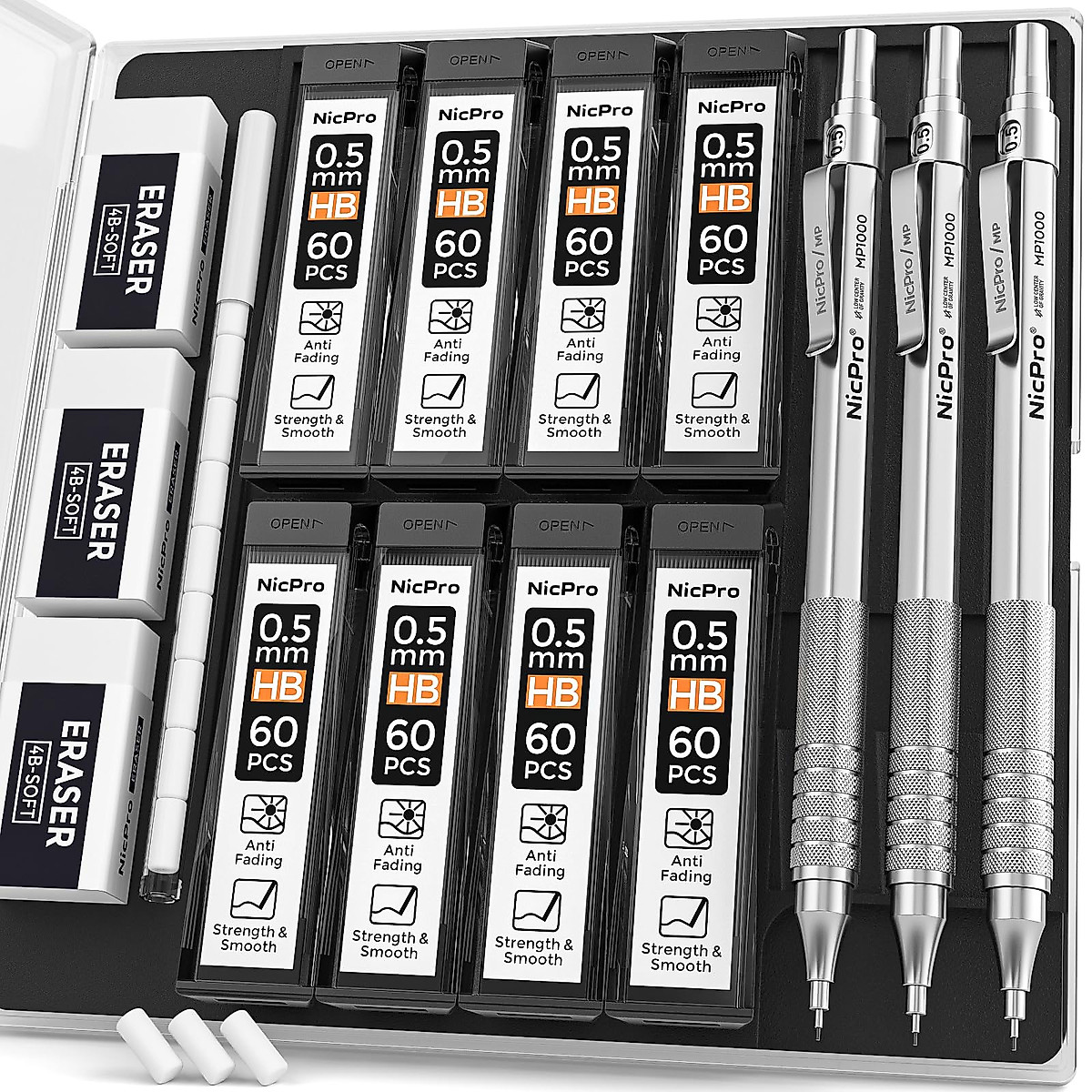 Nicpro 0.5 mm Mechanical Pencils Set with Case, 3 Metal Artist Pencil With 6 Tubes HB Lead Refills, 3 Erasers, Eraser Refills For Architect Art Writing Drafting,Drawing, Engineering, Sketching, Silver